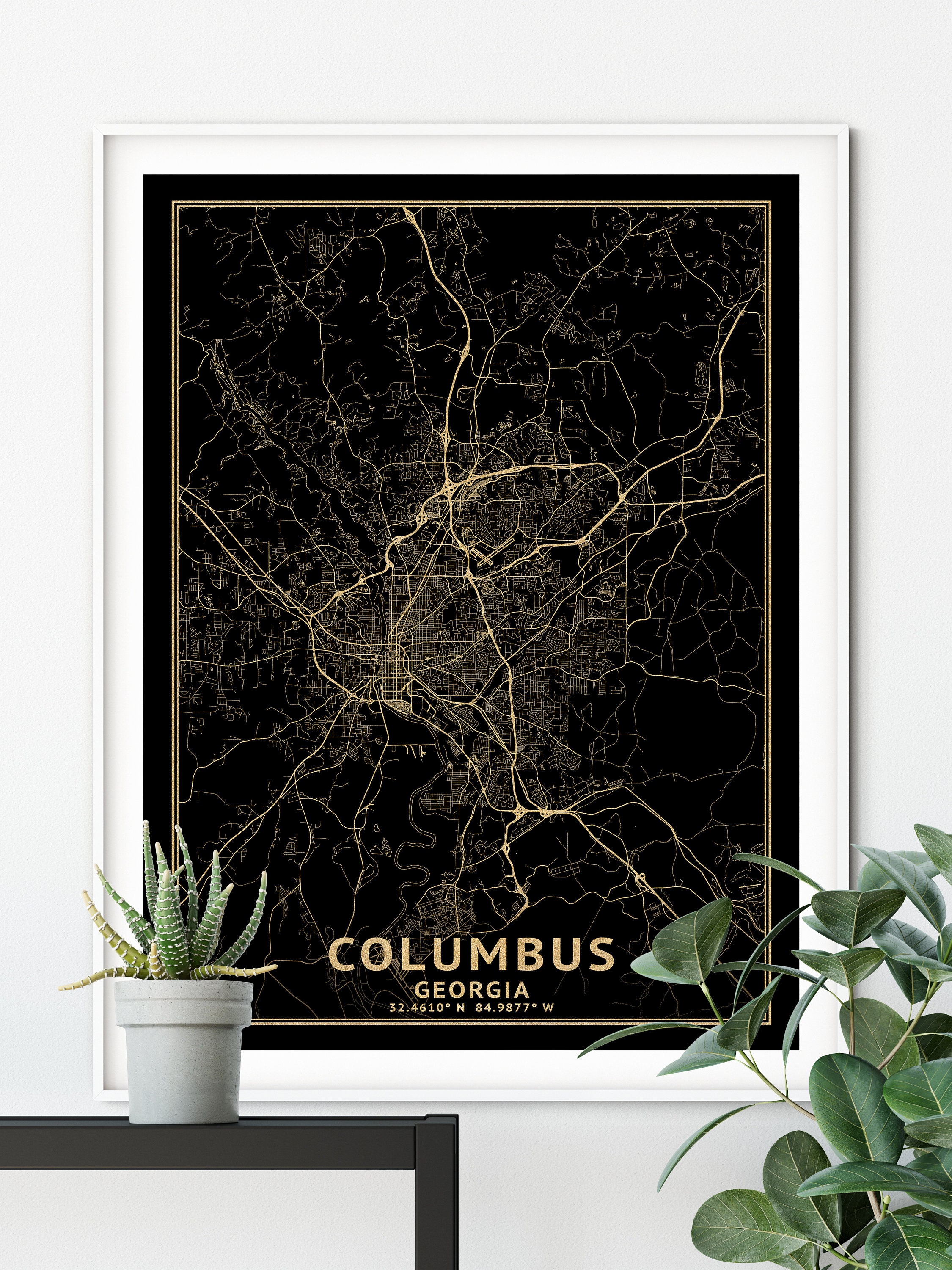 Columbus Georgia Map, Black, High Resolution Real Gold Leaf Texture ...