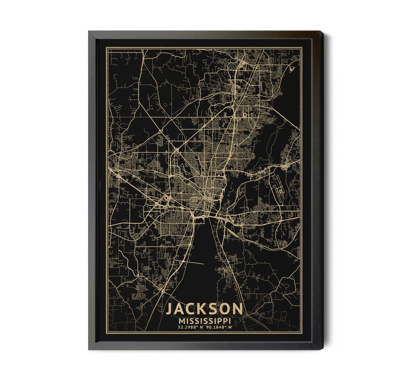 Jackson Mississippi Map, Black, High Resolution Real Gold Leaf Texture ...