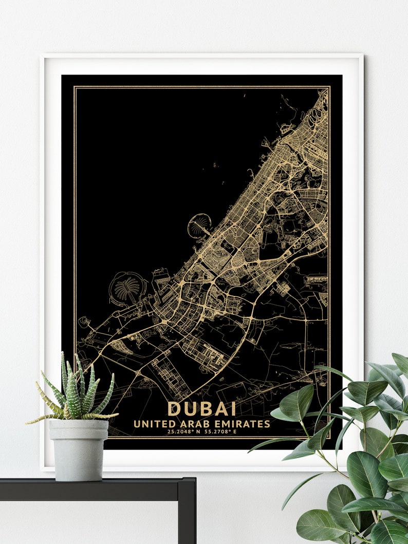 Dubai United Arab Emirates Map, Black, High Resolution Real Gold Leaf ...