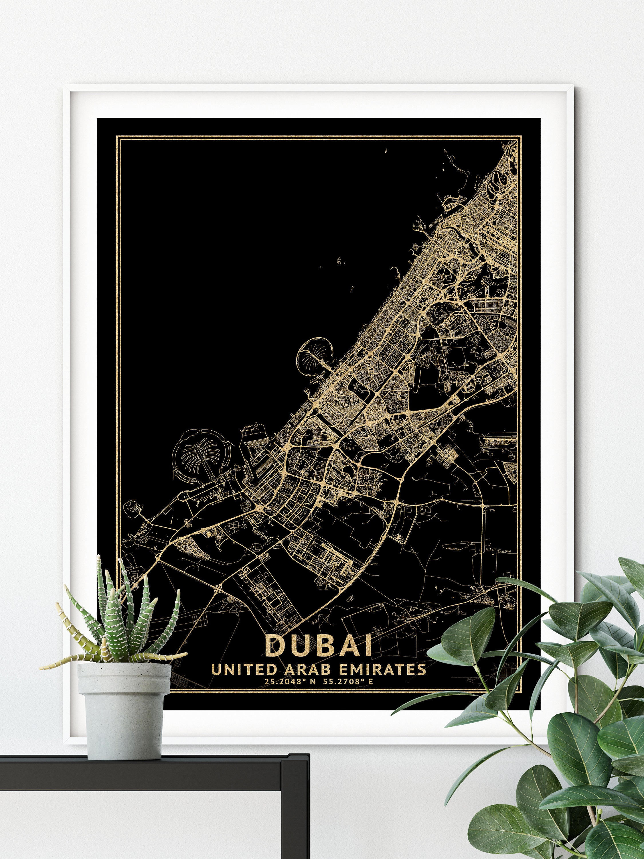 Dubai United Arab Emirates Map, Black, High Resolution Real Gold Leaf ...