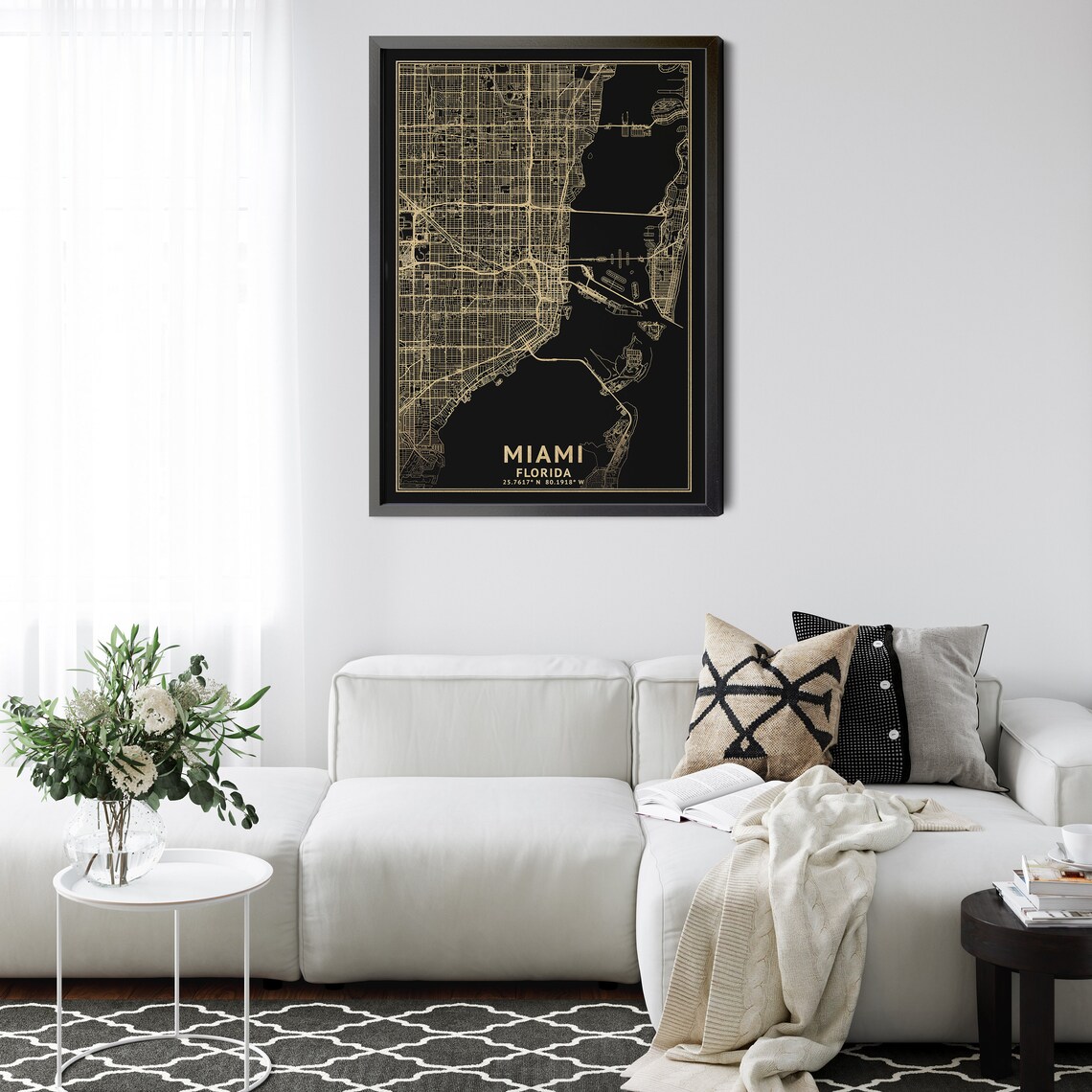 Miami Florida Map, Black, High Resolution Real Gold Leaf Texture ...