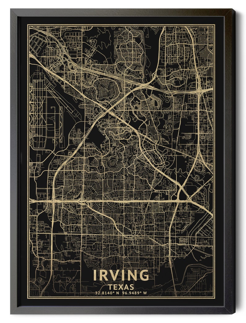 Irving Texas Map, Black, High Resolution Real Gold Leaf Texture ...