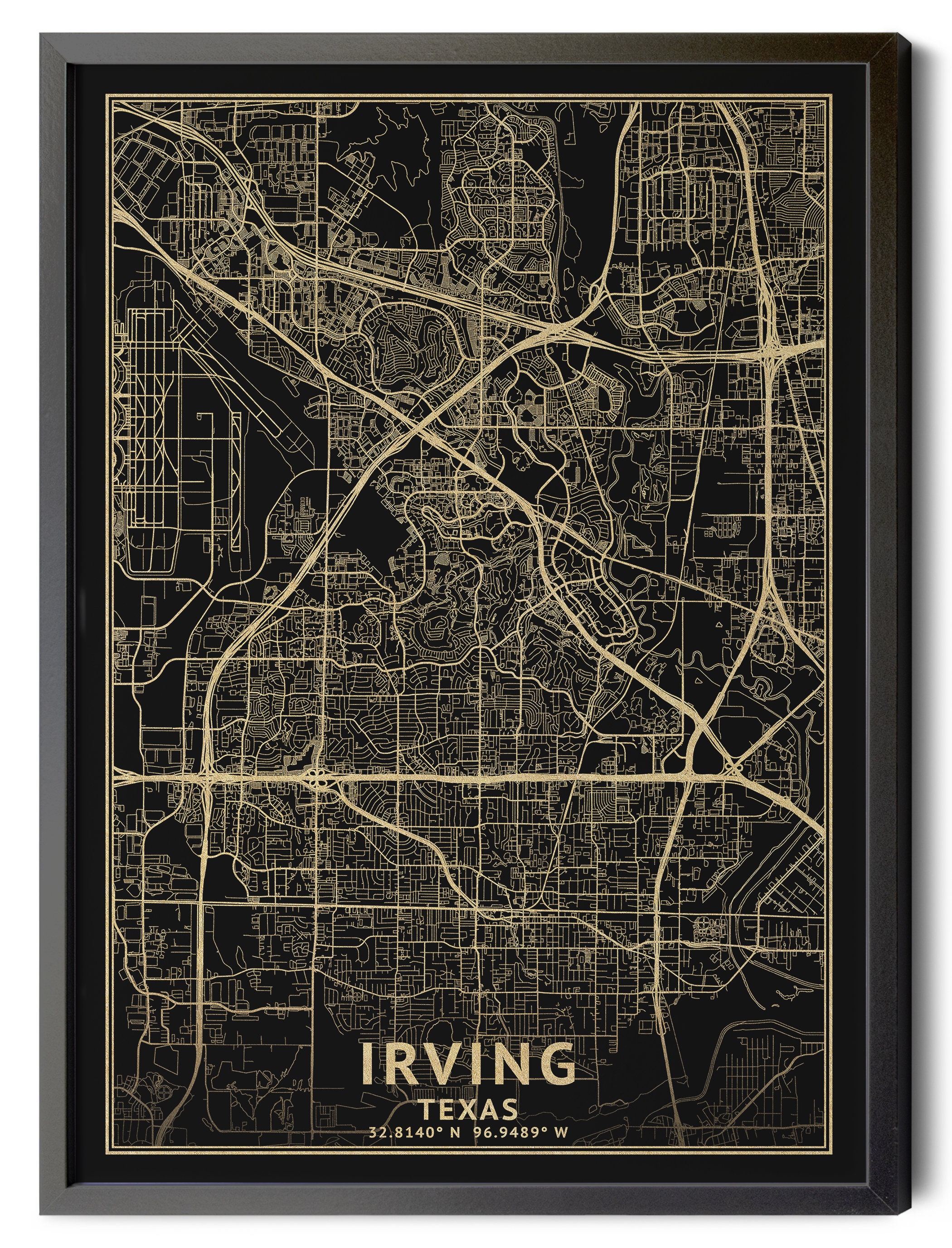 Irving Texas Map, Black, High Resolution Real Gold Leaf Texture ...
