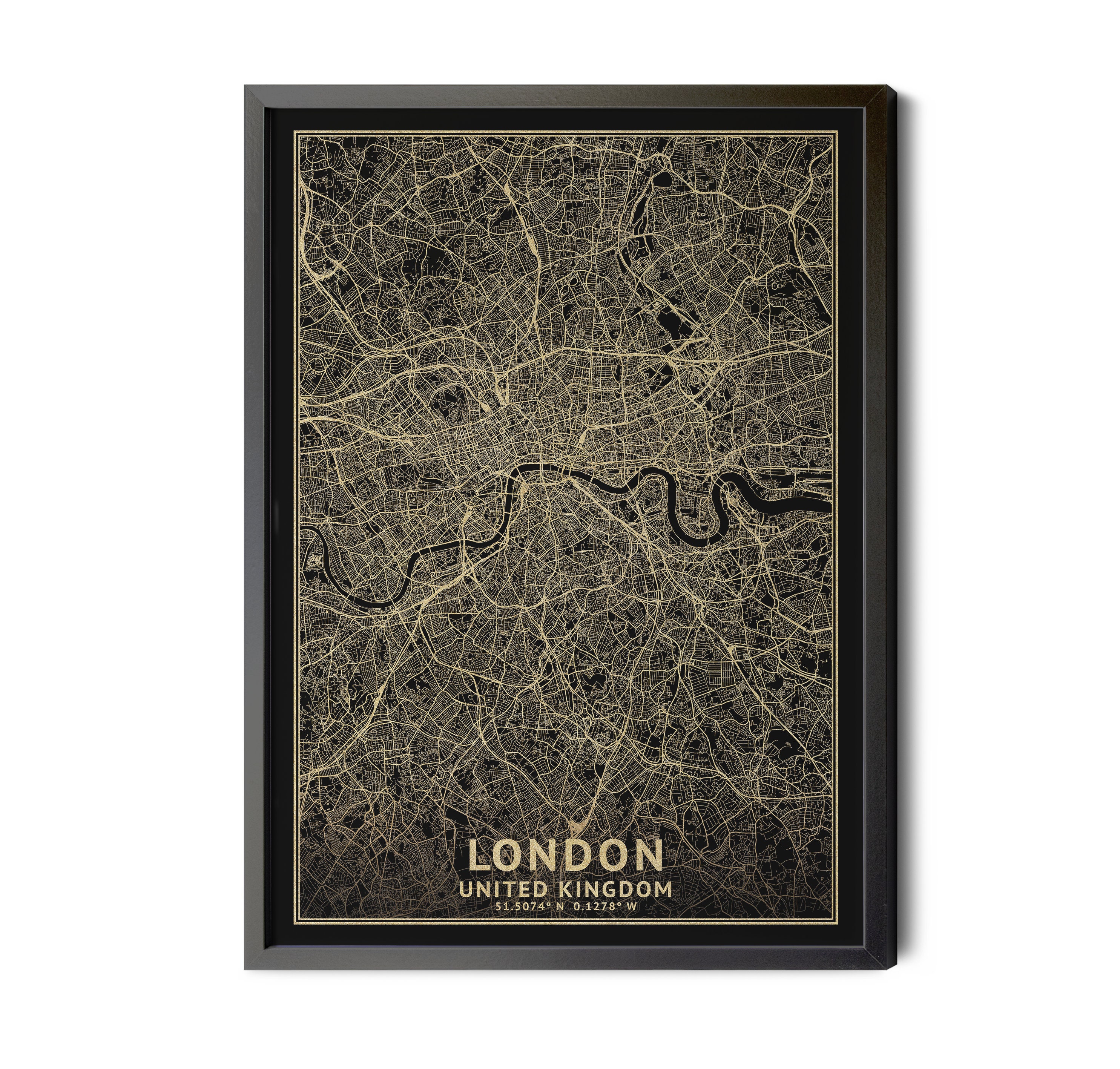 London United Kingdom Map, Black, High Resolution Real Gold Leaf ...