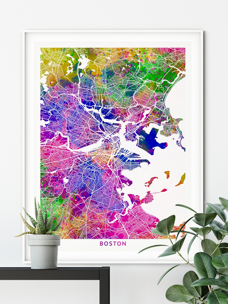Boston Massachusetts Map, Watercolor Multicolored, Map of Boston ...