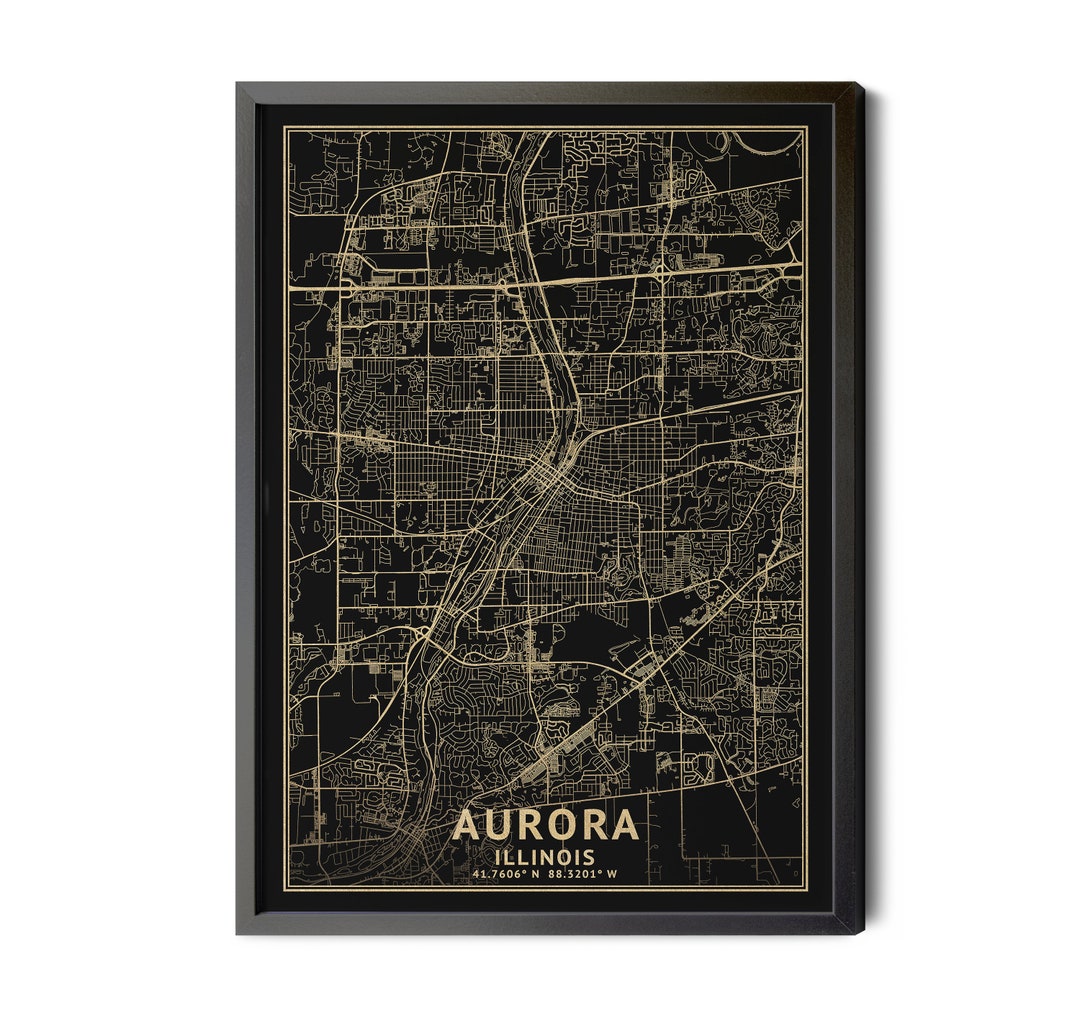 Aurora Illinois Map, Black, High Resolution Real Gold Leaf Texture ...