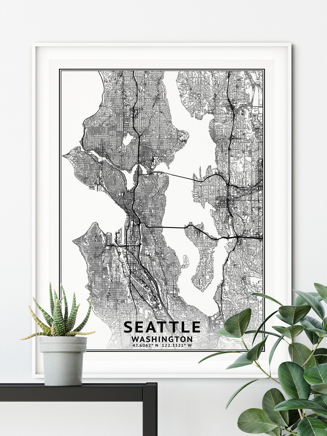 Seattle Washington Map, Seattle Map Print, Black and White, Coordinates ...