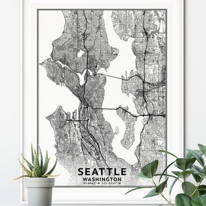 Seattle Washington Map, Seattle Map Print, Black and White, Coordinates ...