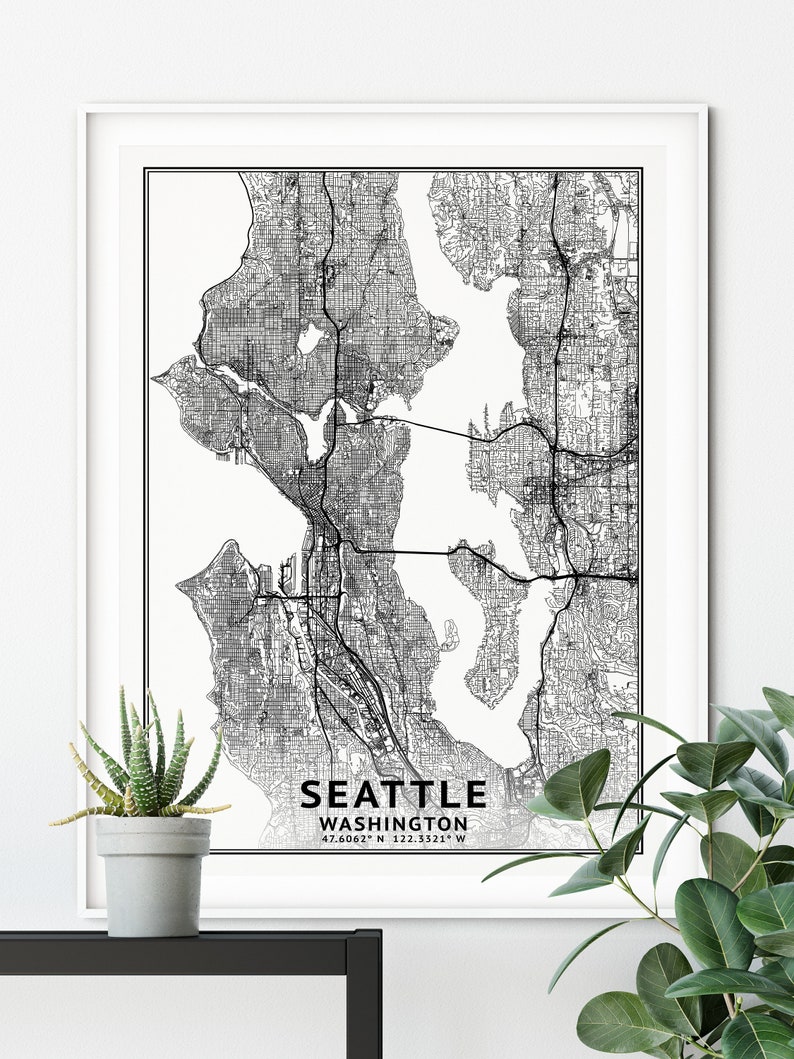 Seattle Washington Map, Seattle Map Print, Black and White, Coordinates ...