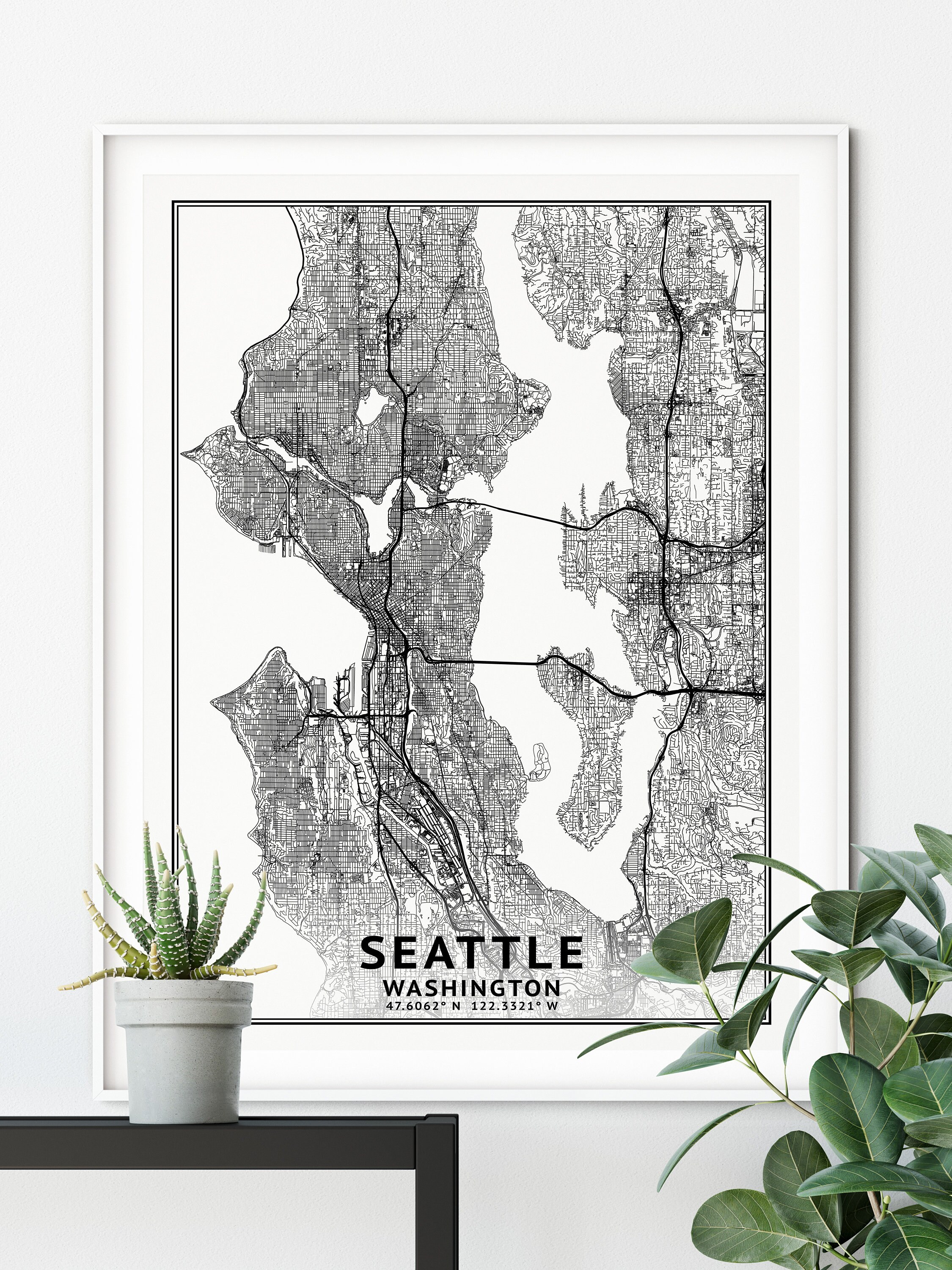 Seattle Washington Map, Seattle Map Print, Black and White, Coordinates ...