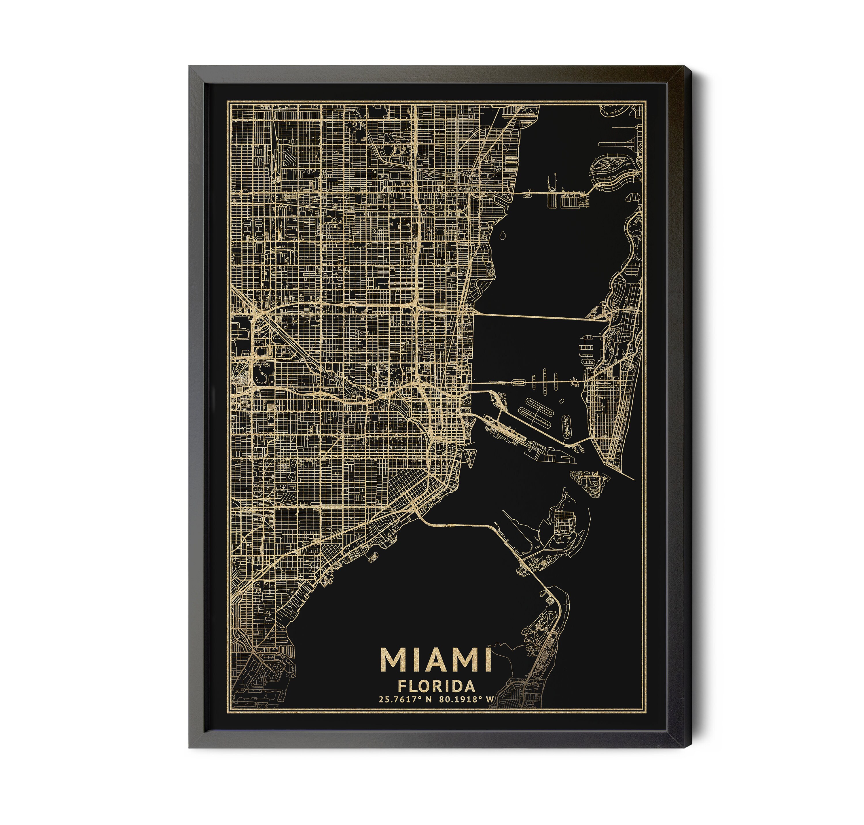 Miami Florida Map, Black, High Resolution Real Gold Leaf Texture ...