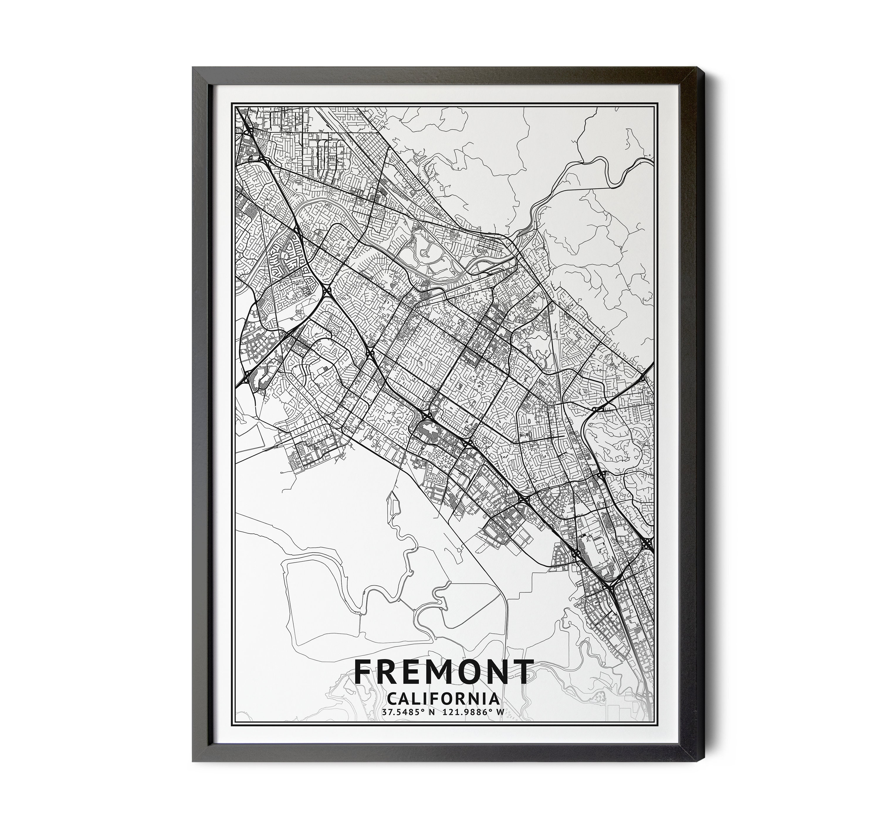 Fremont California Map, Black and White, Coordinates, Map of Fremont ...