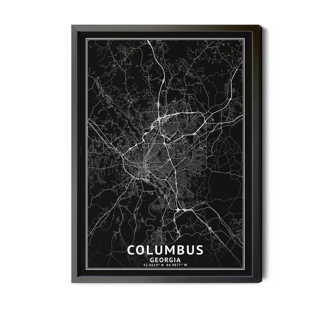 Columbus Georgia Map, Black and White, Inverted, Coordinates, Map of ...