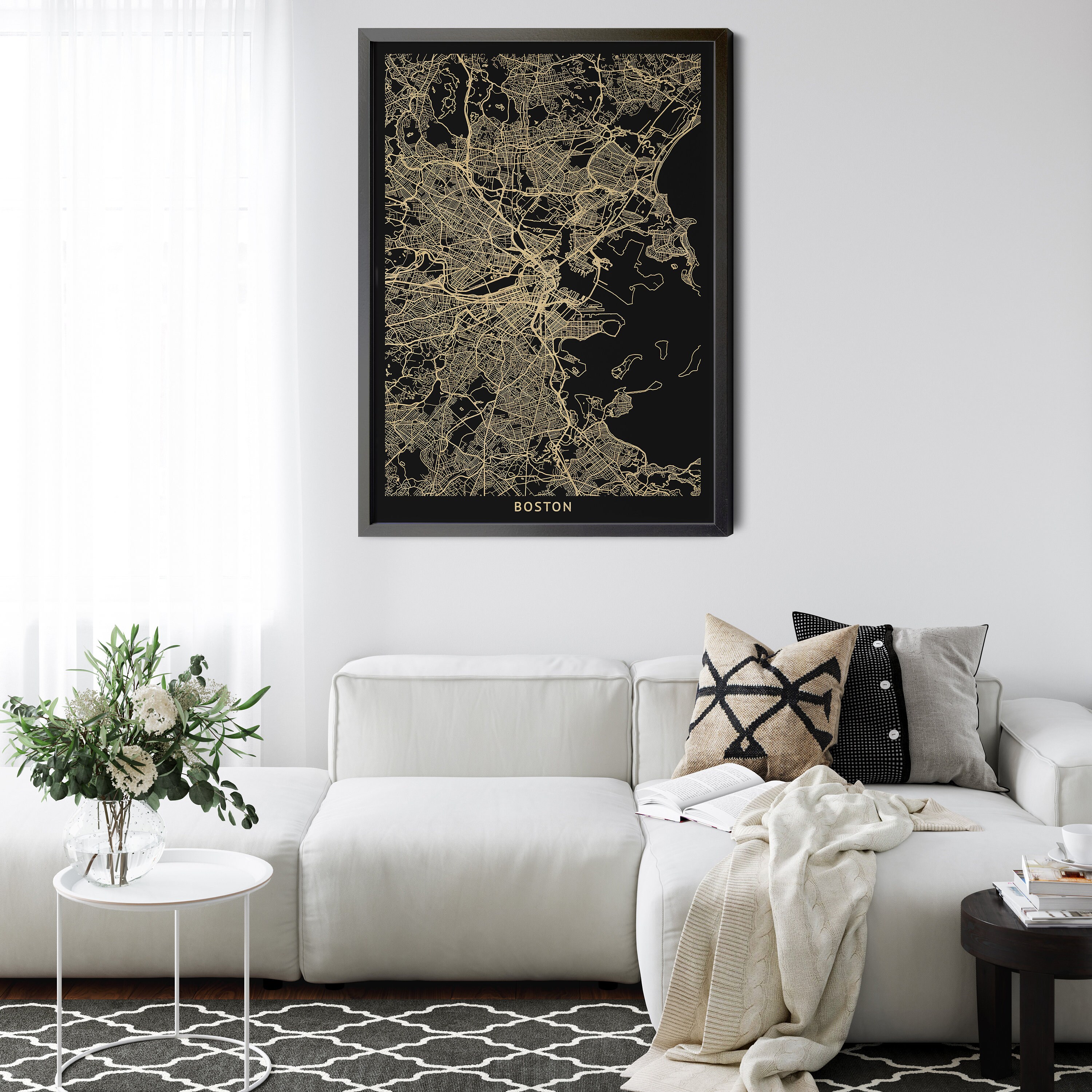 Boston Map, Black, High Resolution Real Gold Leaf Texture, Boston ...