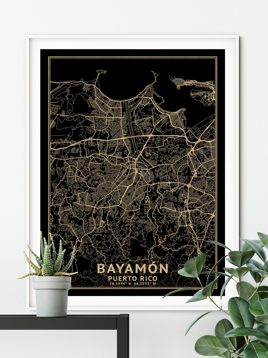 Bayamon Puerto Rico Map, Black, High Resolution Real Gold Leaf Texture ...