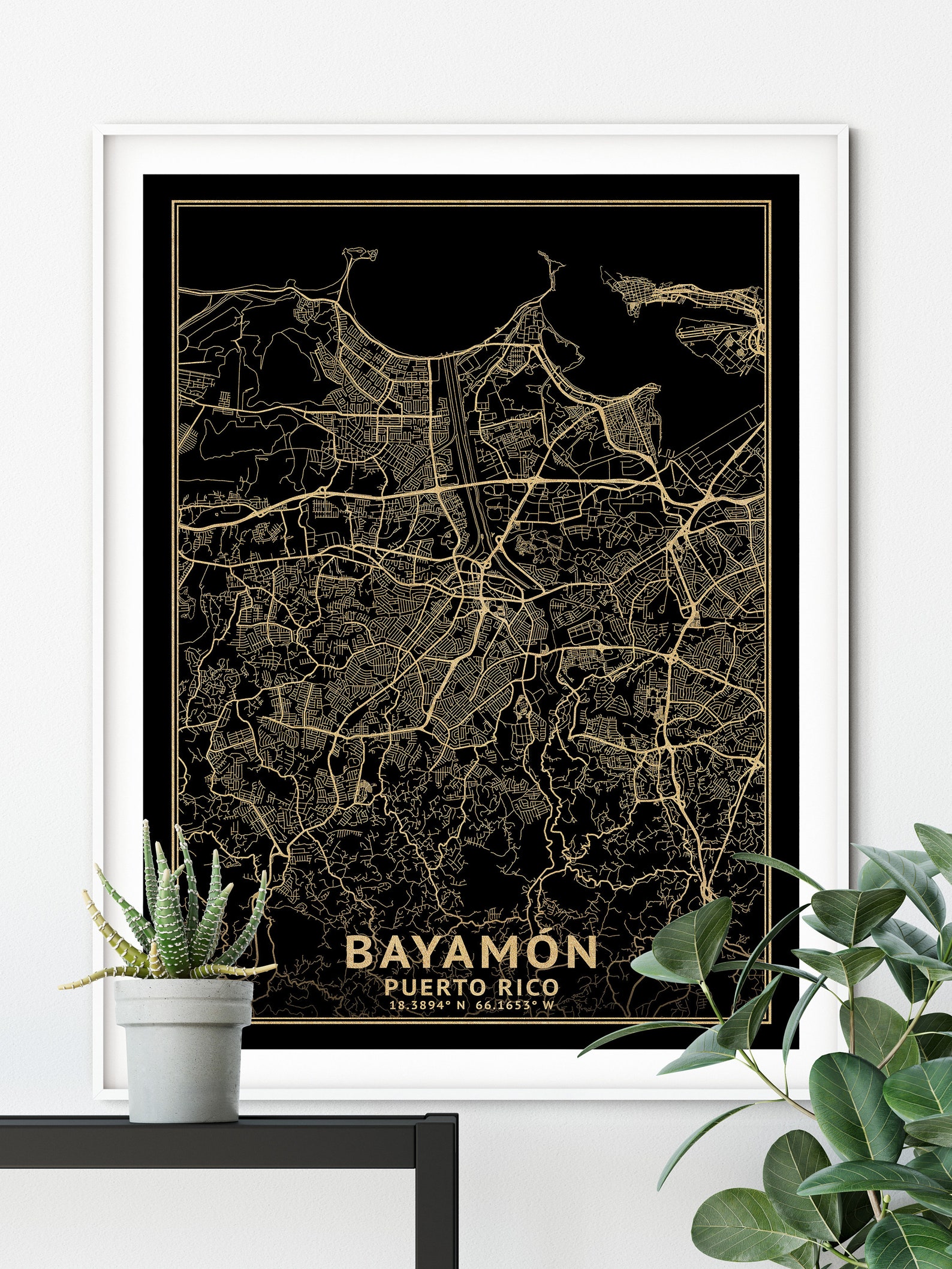 Bayamon Puerto Rico Map, Black, High Resolution Real Gold Leaf Texture ...