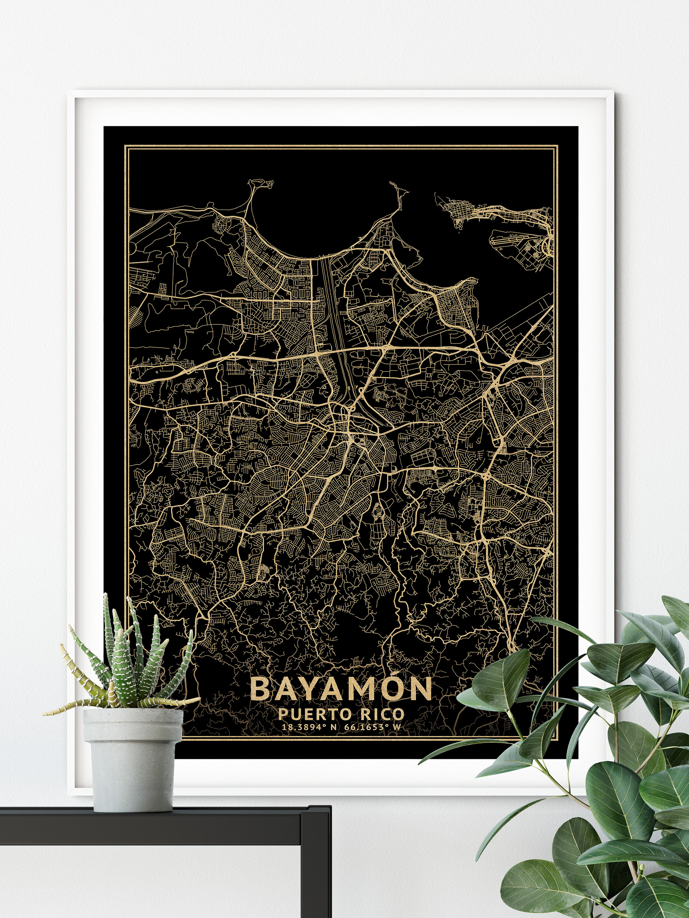 Bayamon Puerto Rico Map, Black, High Resolution Real Gold Leaf Texture ...