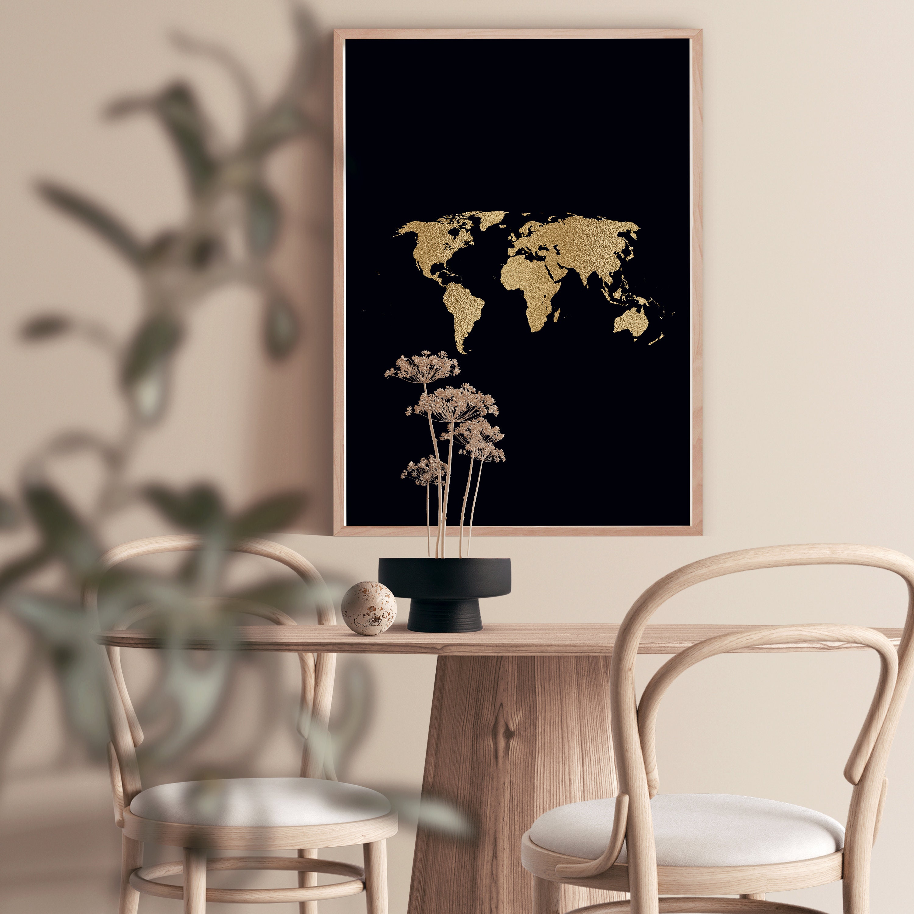 World Map Black High Resolution Gold Foil World Map Wall - Etsy