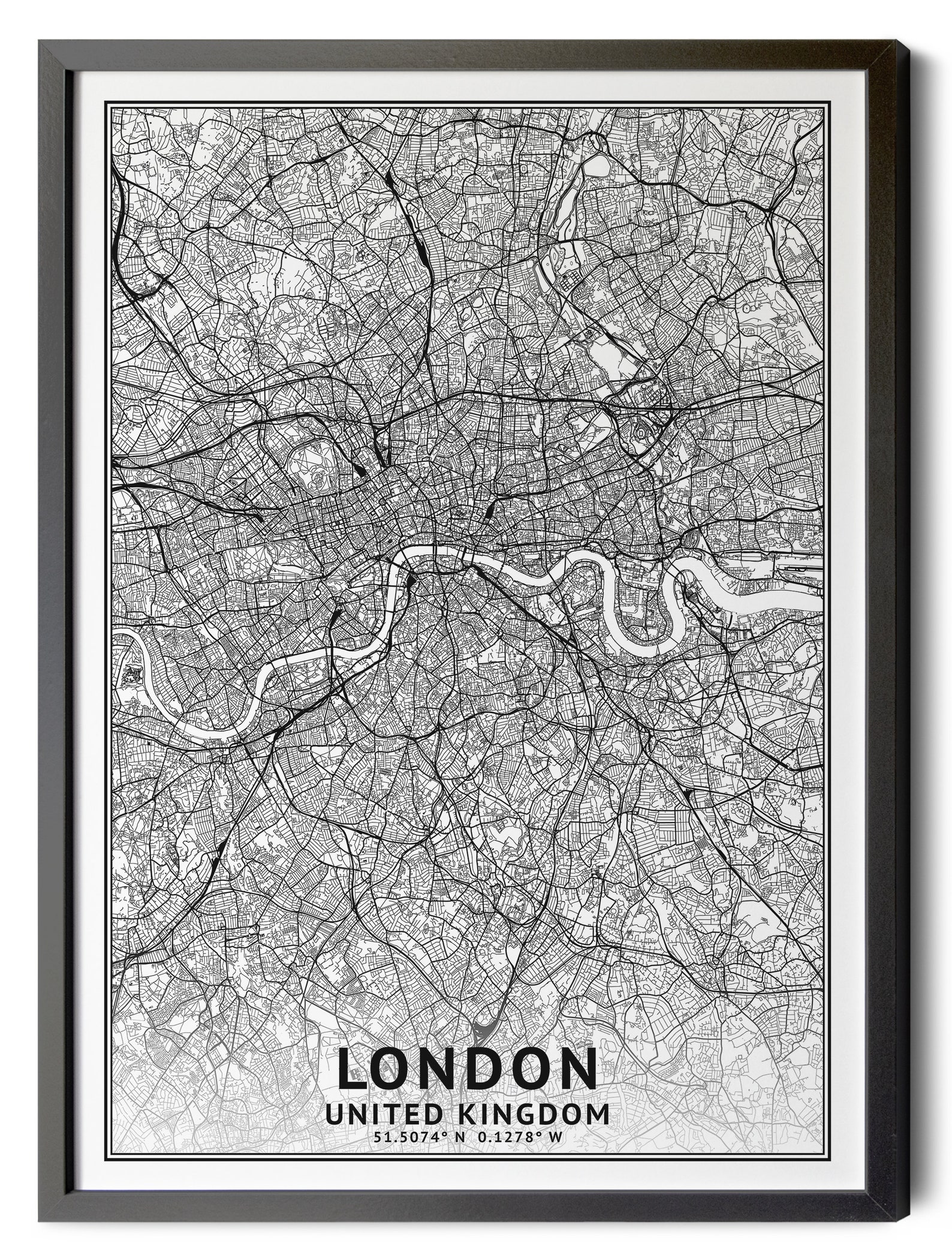 London United Kingdom Map, Black and White, Coordinates, Map of London ...