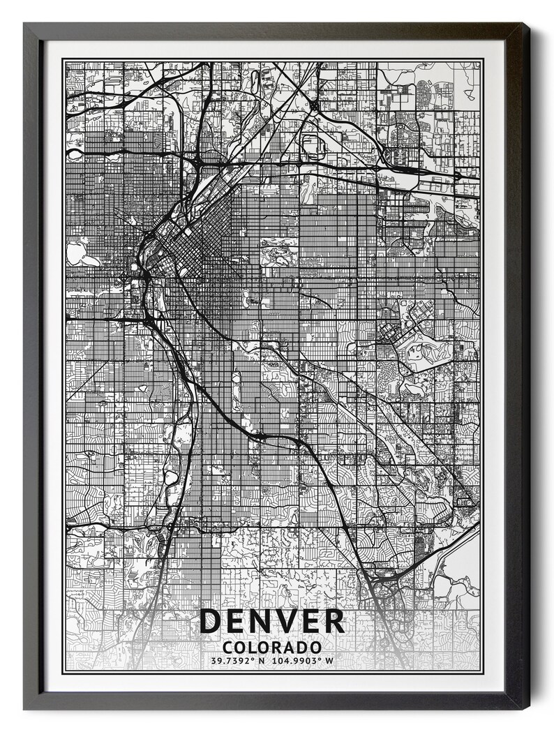 Denver Colorado Map, Black and White, Coordinates, Map of Denver ...