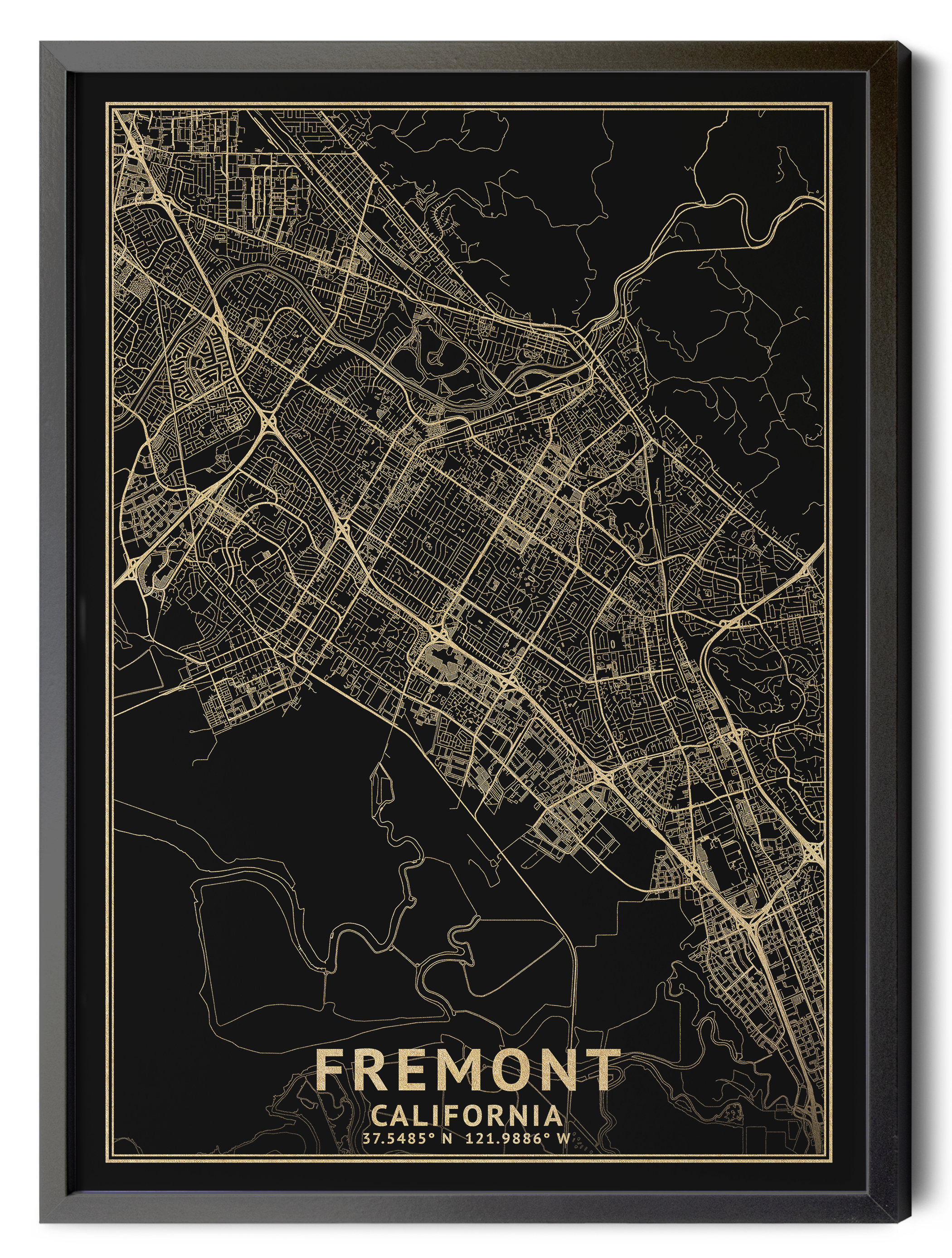 Fremont California Map, Black, High Resolution Real Gold Leaf Texture ...