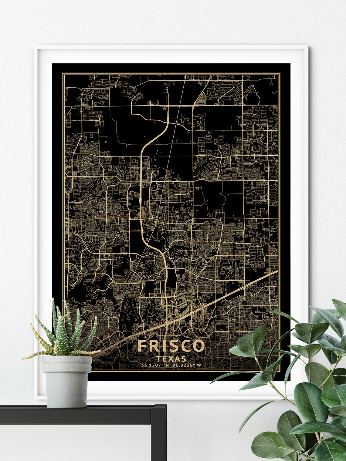 Frisco Texas Map, Black, High Resolution Real Gold Leaf Texture ...