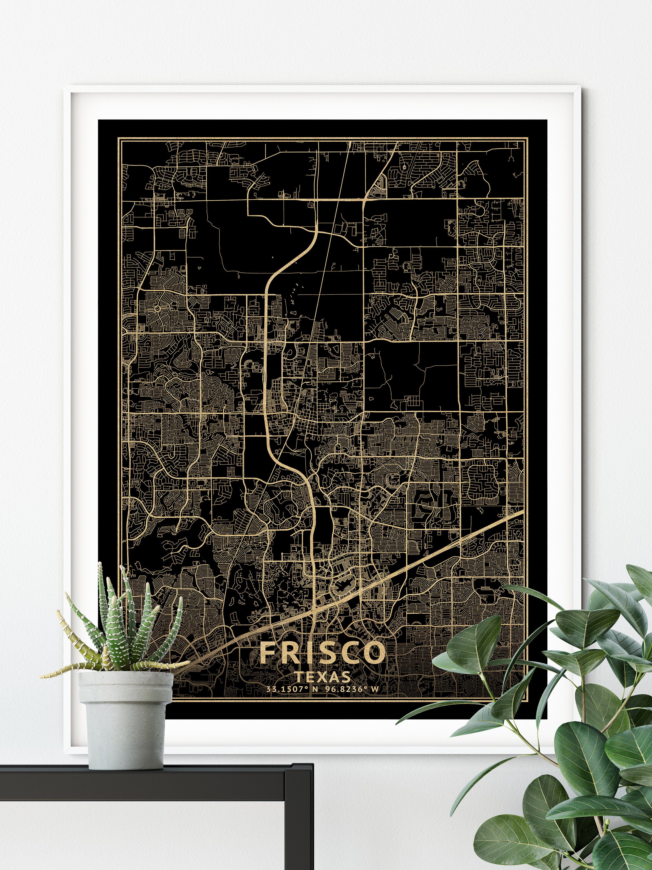 Frisco Texas Map Black High Resolution Real Gold Leaf - Etsy