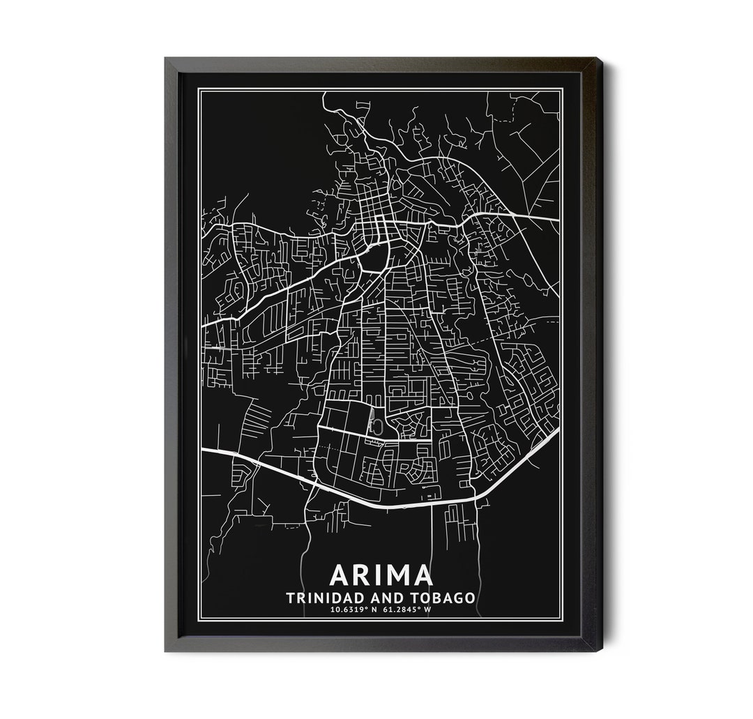 Arima Trinidad and Tobago Map, Black and White, Inverted, Coordinates ...