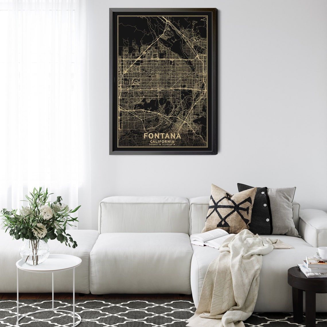 Fontana California Map, Black, High Resolution Real Gold Leaf Texture ...