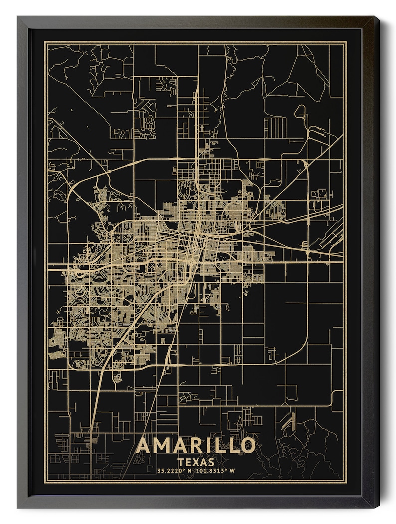 Amarillo Texas Map Black High Resolution Real Gold Leaf - Etsy