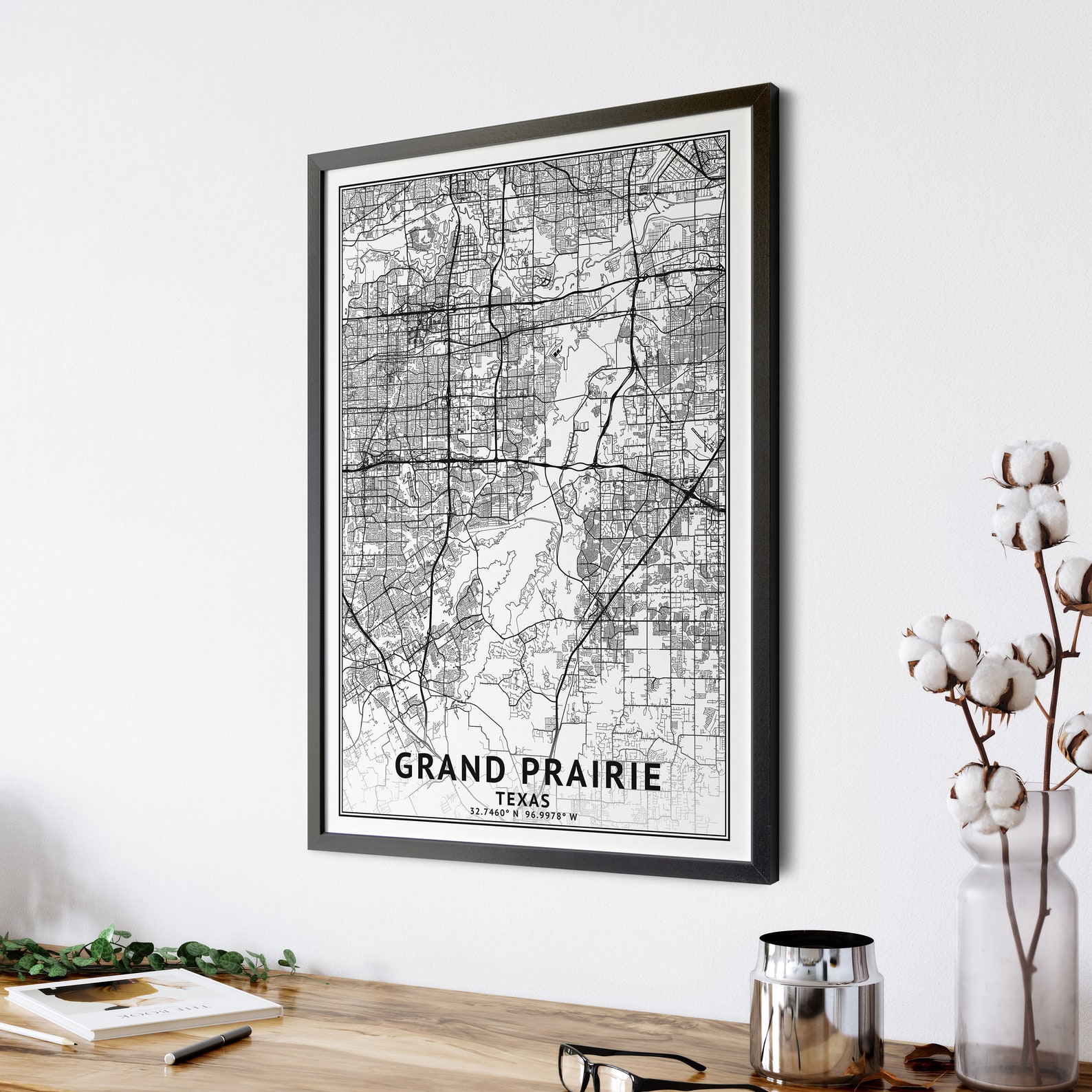 Grand Prairie Texas Map, Black and White, Coordinates, Map of Grand ...