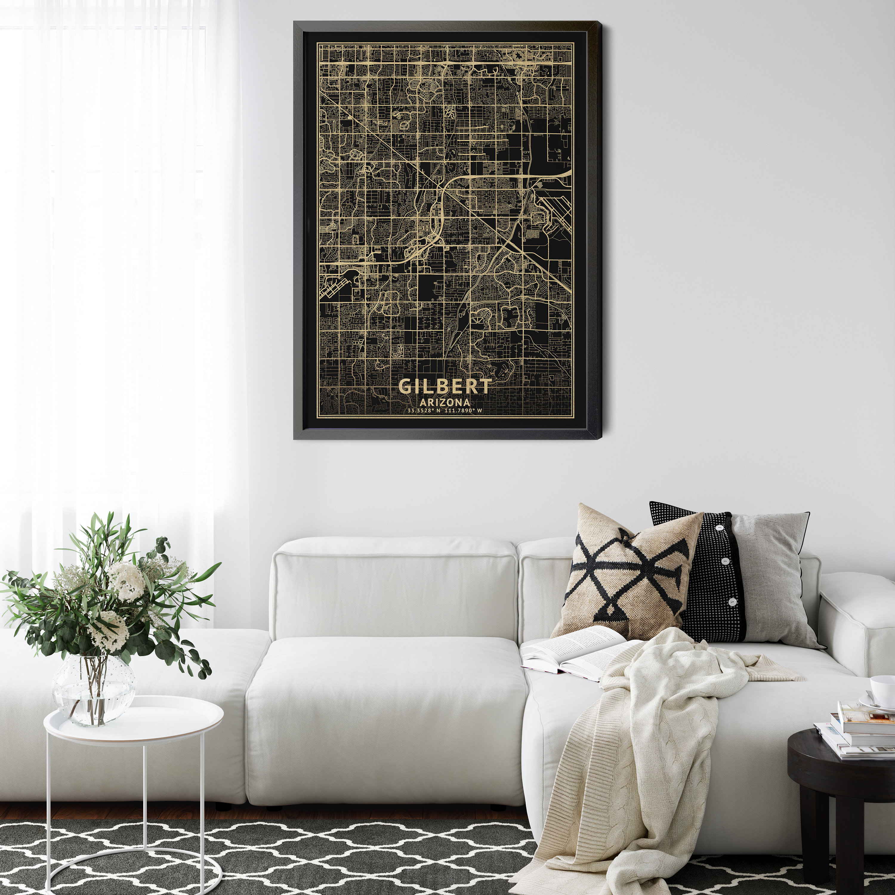 Gilbert Arizona Map, Black, High Resolution Real Gold Leaf Texture ...