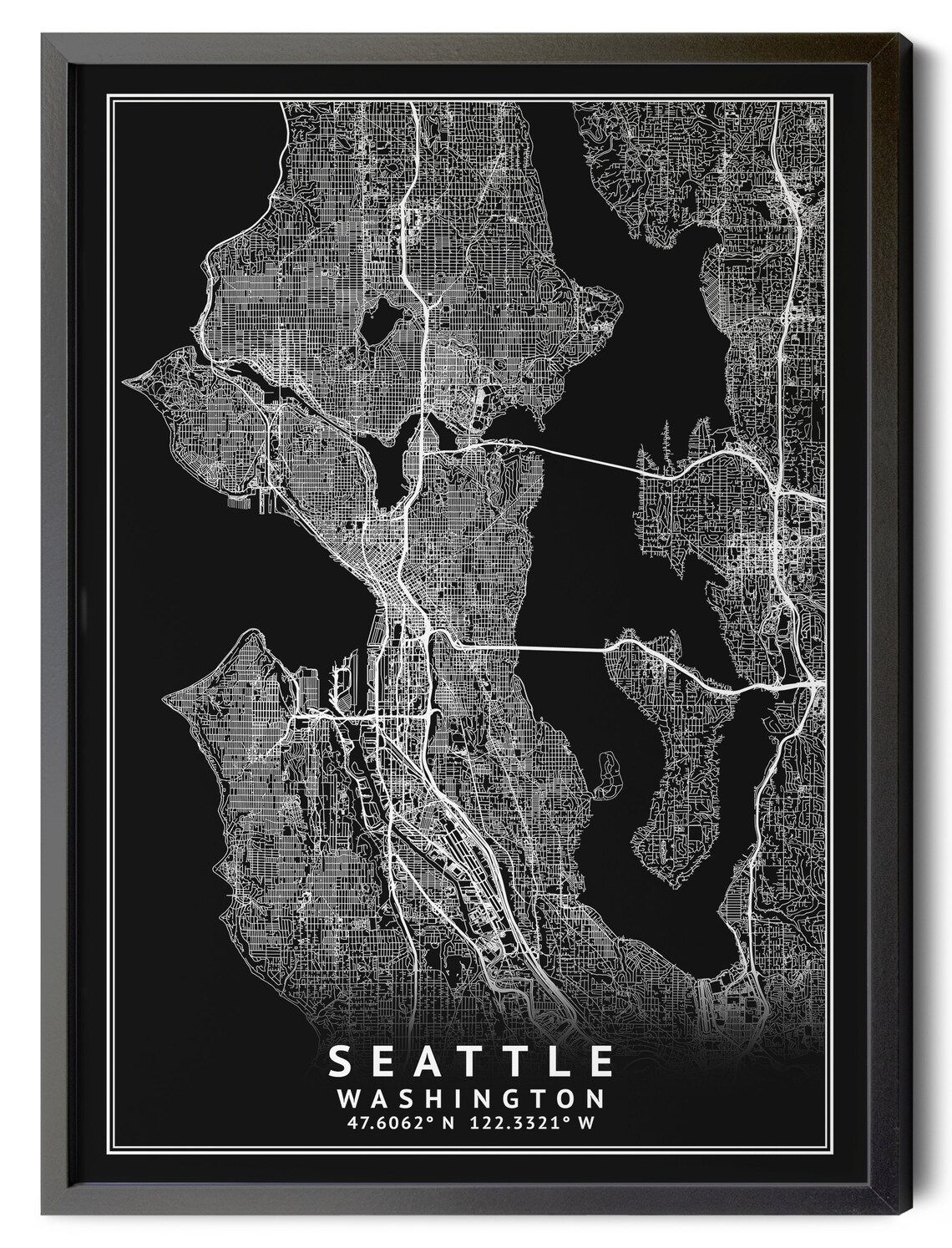 Seattle Washington Map Black and White Invetred Black | Etsy