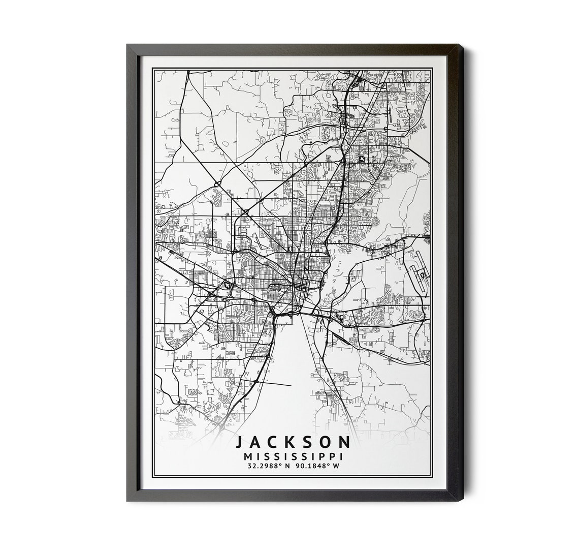 Jackson Mississippi Map Black and White Coordinates Jackson | Etsy