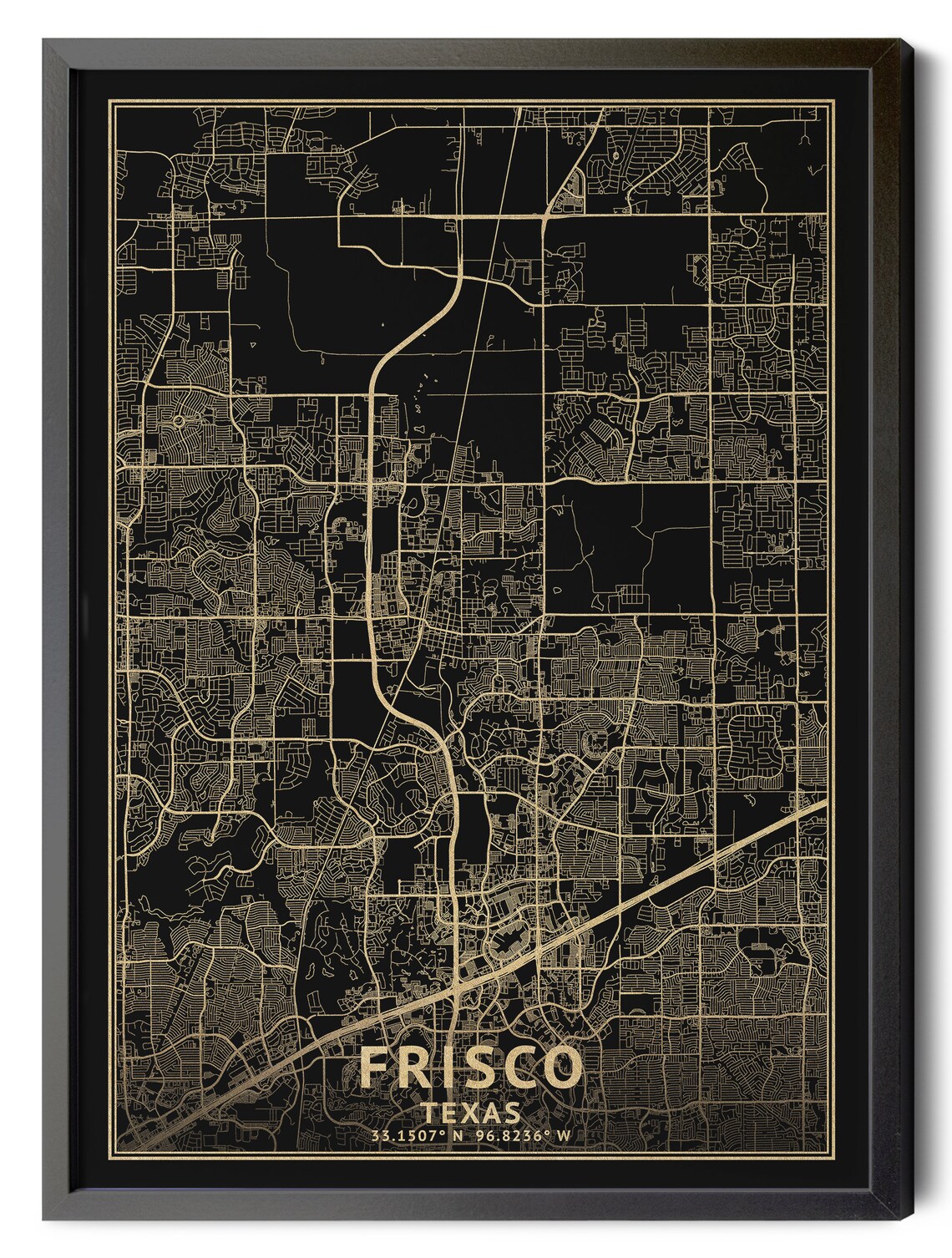 Frisco Texas Map, Black, High Resolution Real Gold Leaf Texture ...