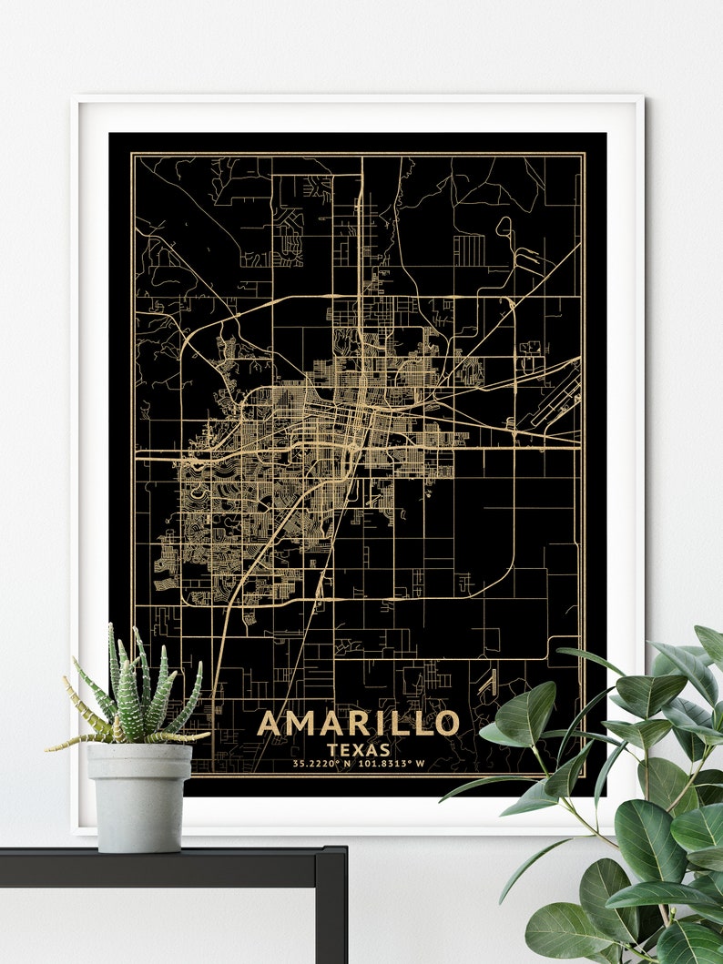Amarillo Texas Map Black High Resolution Real Gold Leaf - Etsy