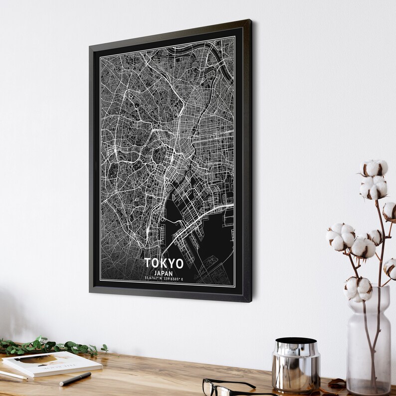 Tokyo Japan Map Black and White Inverted Coordinates Map - Etsy