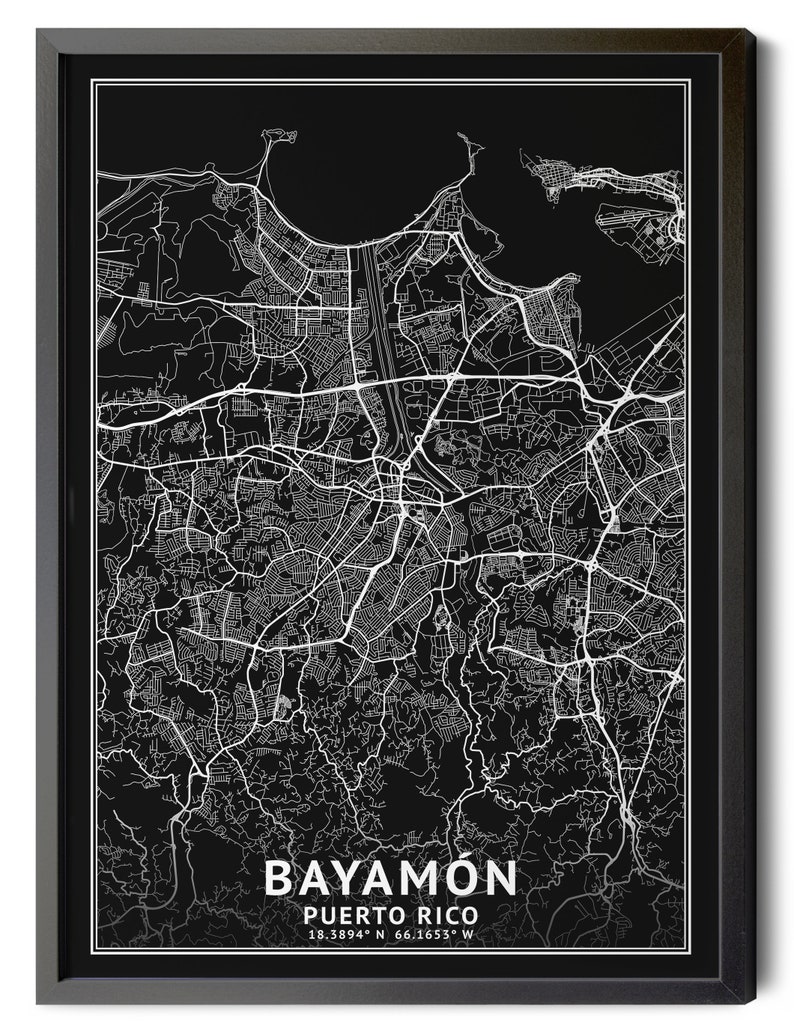 Bayamon Puerto Rico Map, Black and White, Inverted, Coordinates, Map of ...