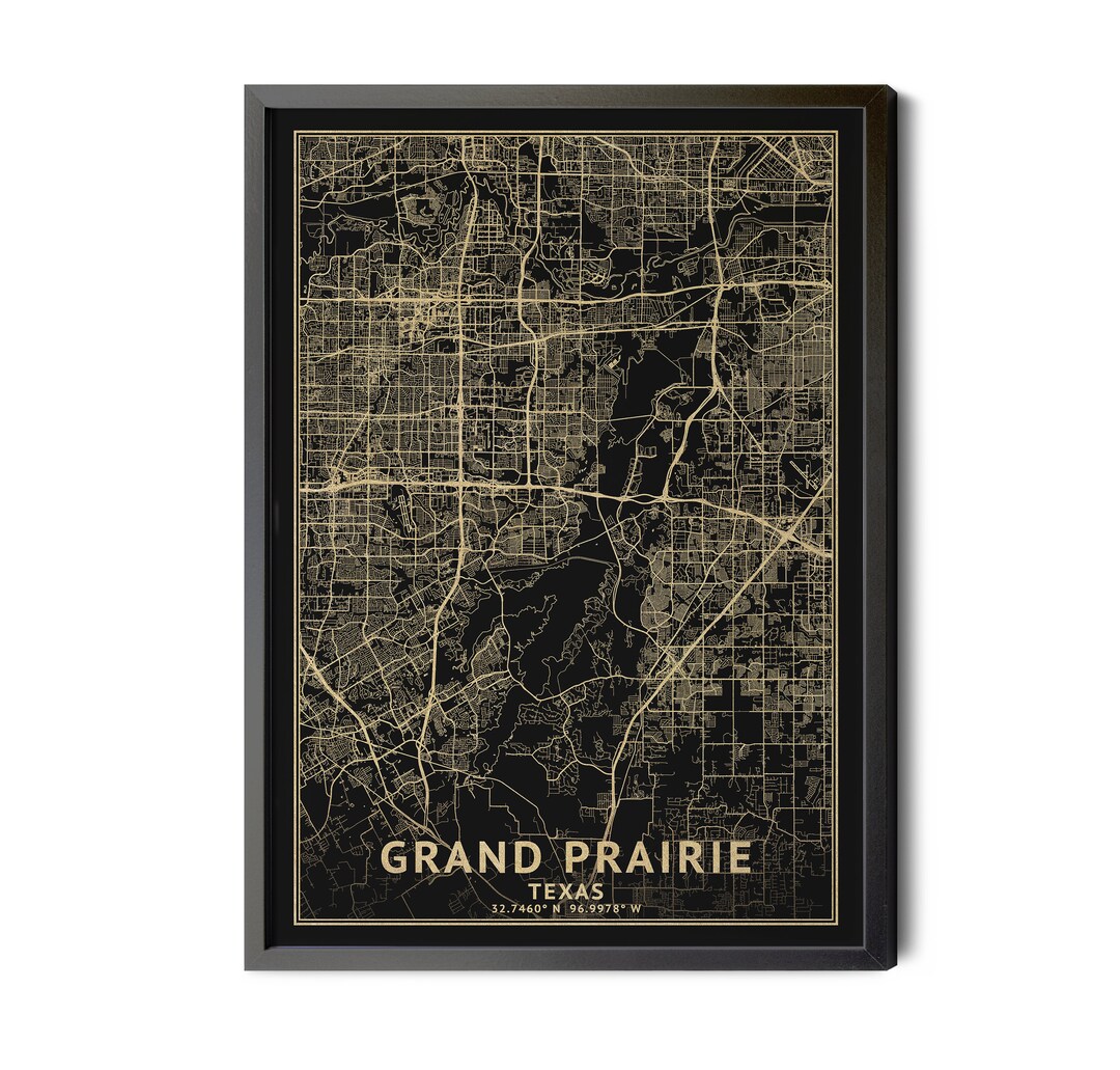 Grand Prairie Texas Map, Black, High Resolution Real Gold Leaf Texture ...