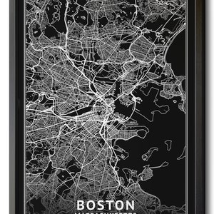 Boston Map, Black and White, Inverted Black, Coordinates, Boston ...