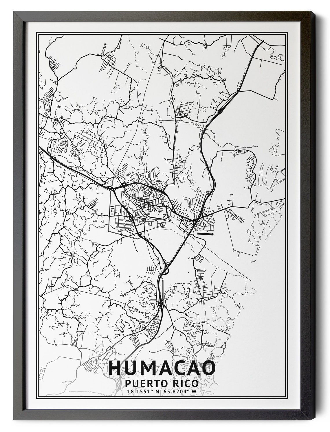 Humacao Puerto Rico Map, Black and White, Coordinates, Map of Humacao ...