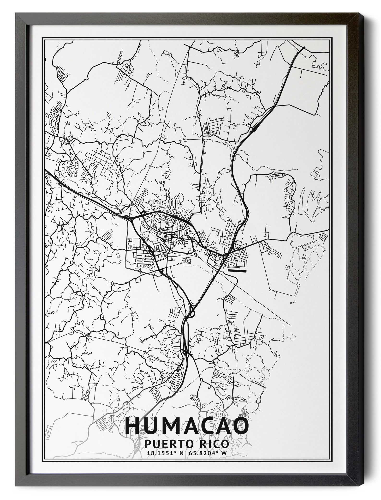 Humacao Puerto Rico Map, Black and White, Coordinates, Map of Humacao ...