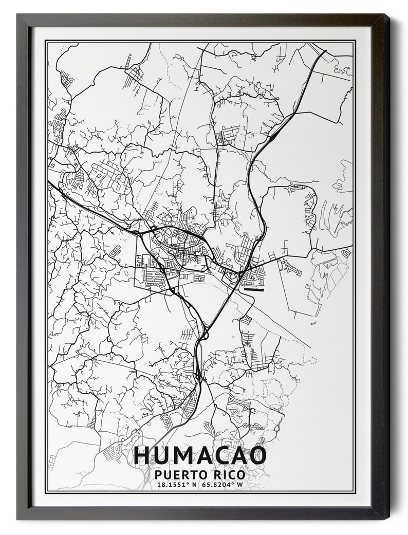 Humacao Puerto Rico Map, Black and White, Coordinates, Map of Humacao ...