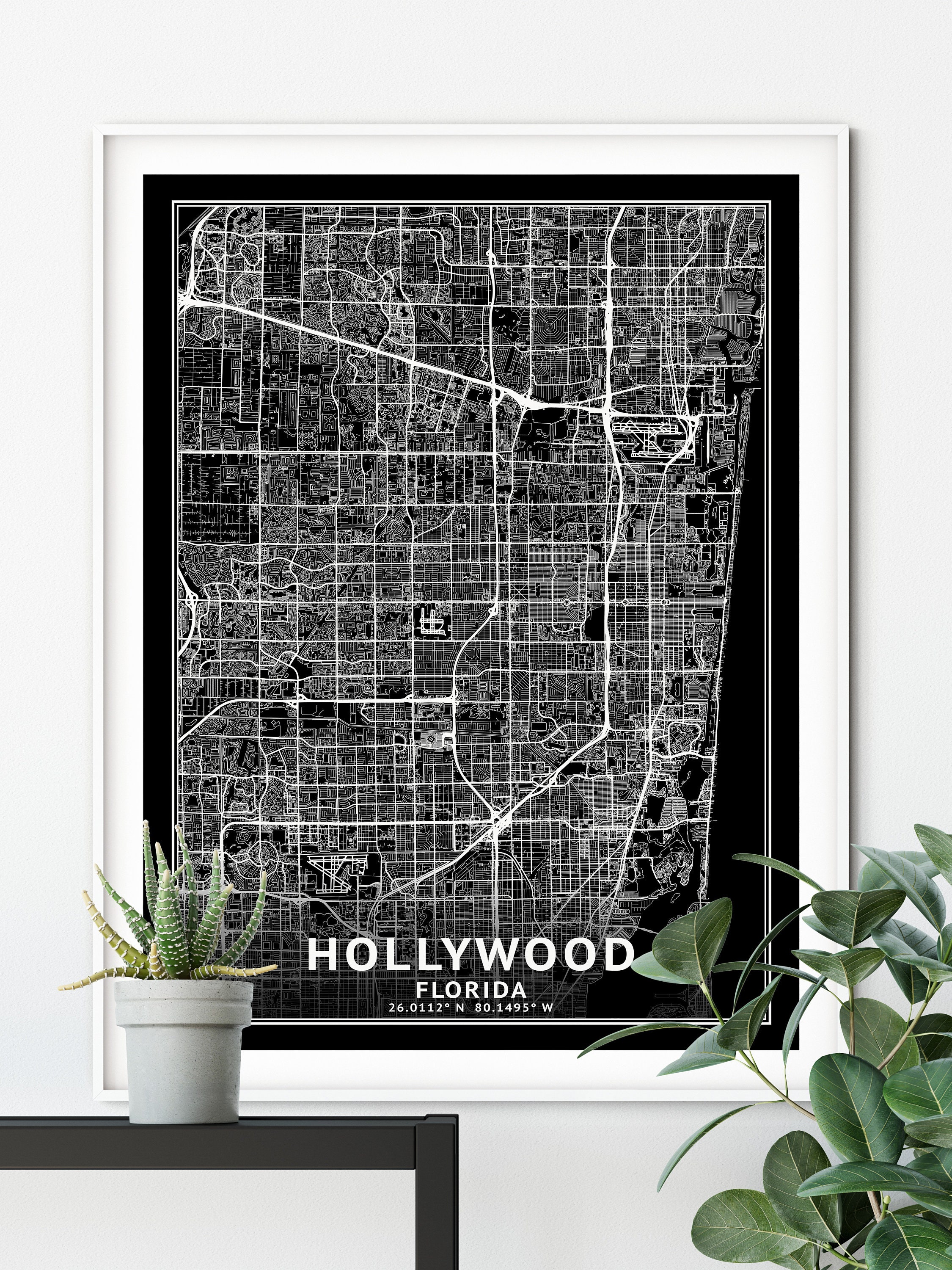 Hollywood Florida Map Black and White Inverted Coordinates - Etsy