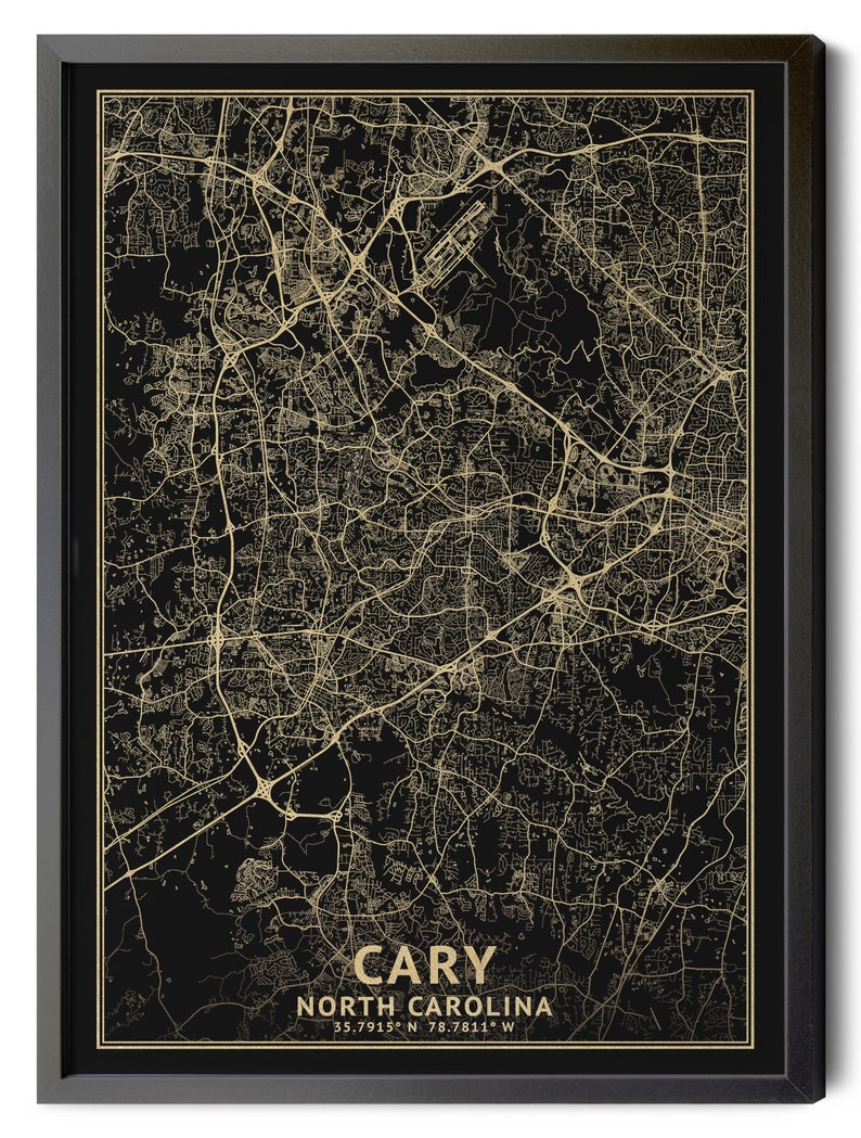 Cary North Carolina Map, Black, High Resolution Real Gold Leaf Texture ...