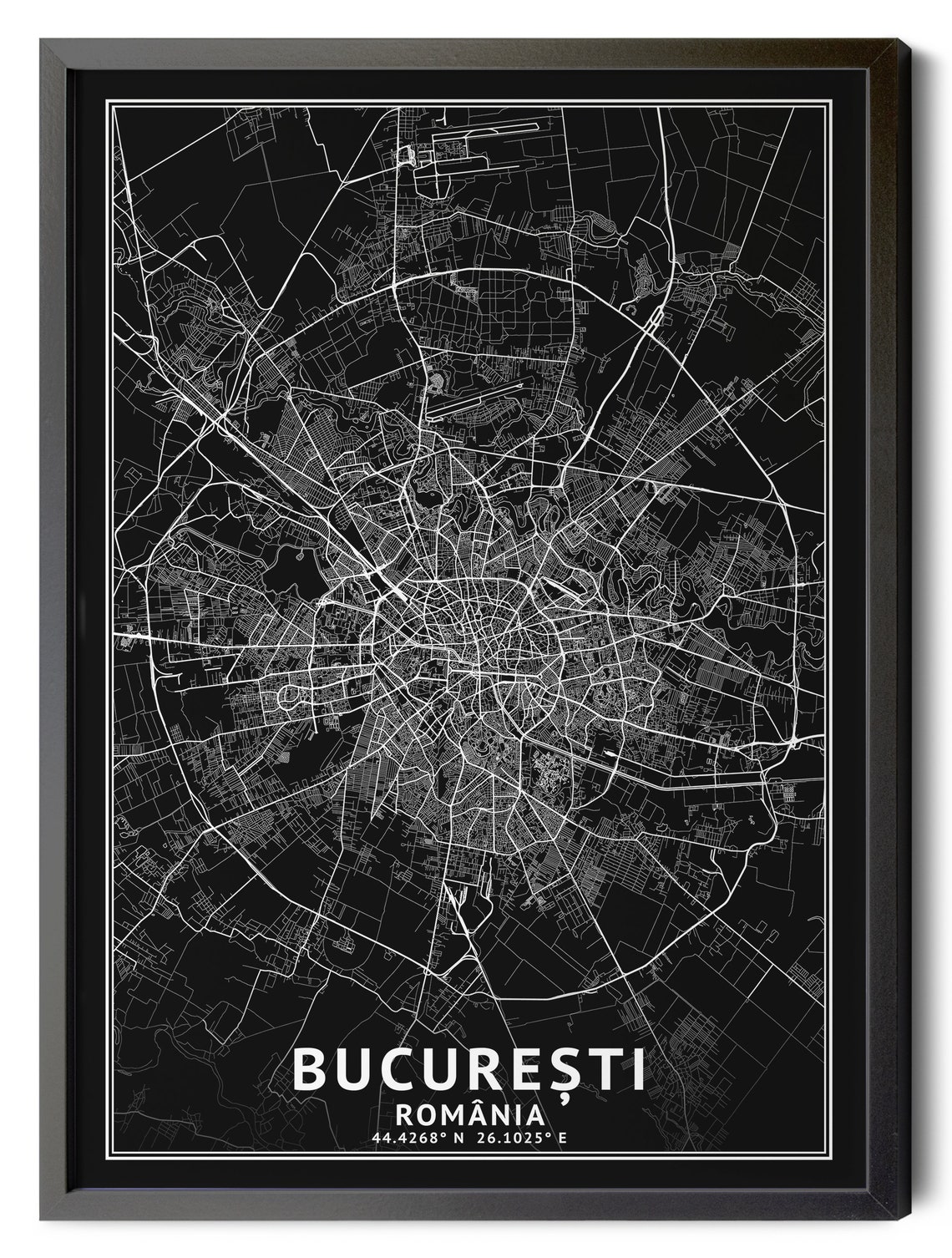 Bucharest Romania Map, Black and White, Inverted, Coordinates, Map of ...