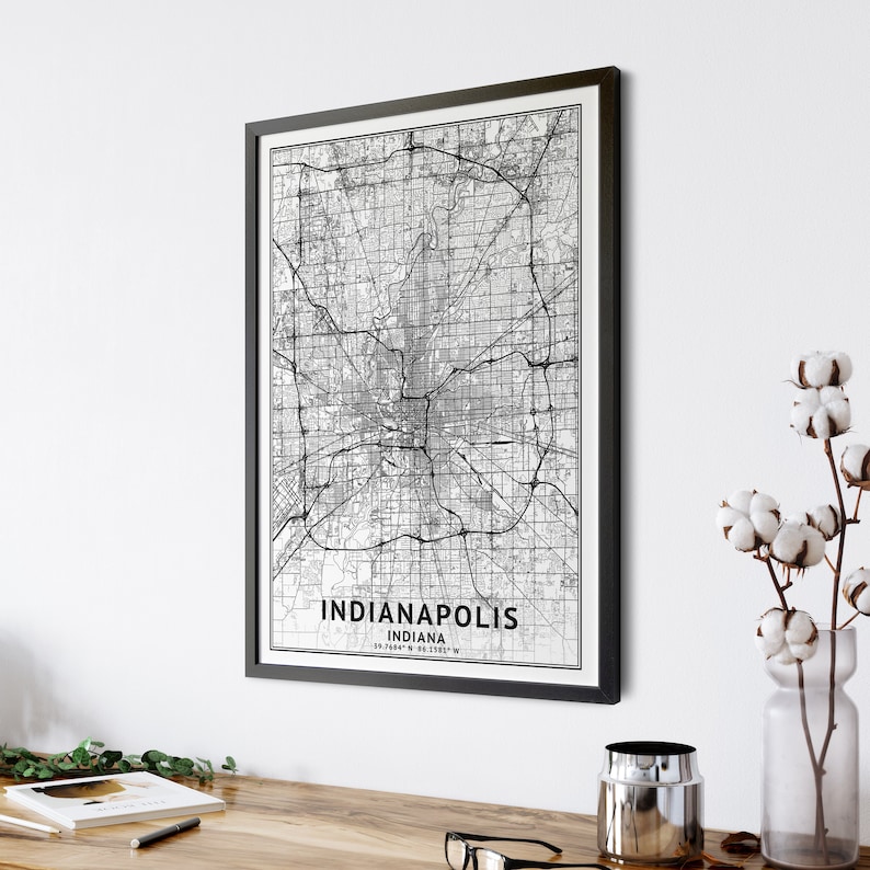 Indianapolis Indiana Map, Black and White, Coordinates, Map of ...