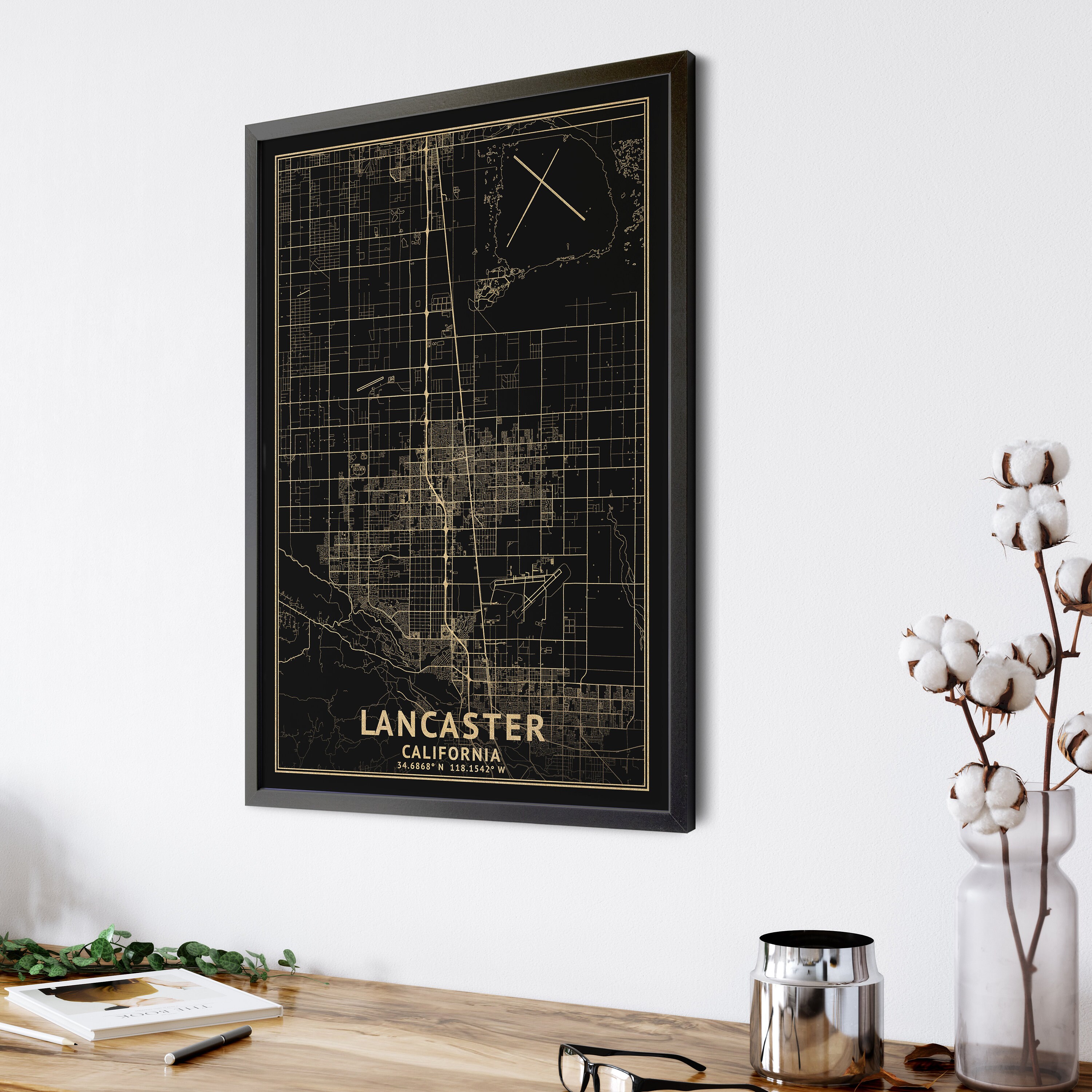 Lancaster California Map, Black, High Resolution Real Gold Leaf Texture ...