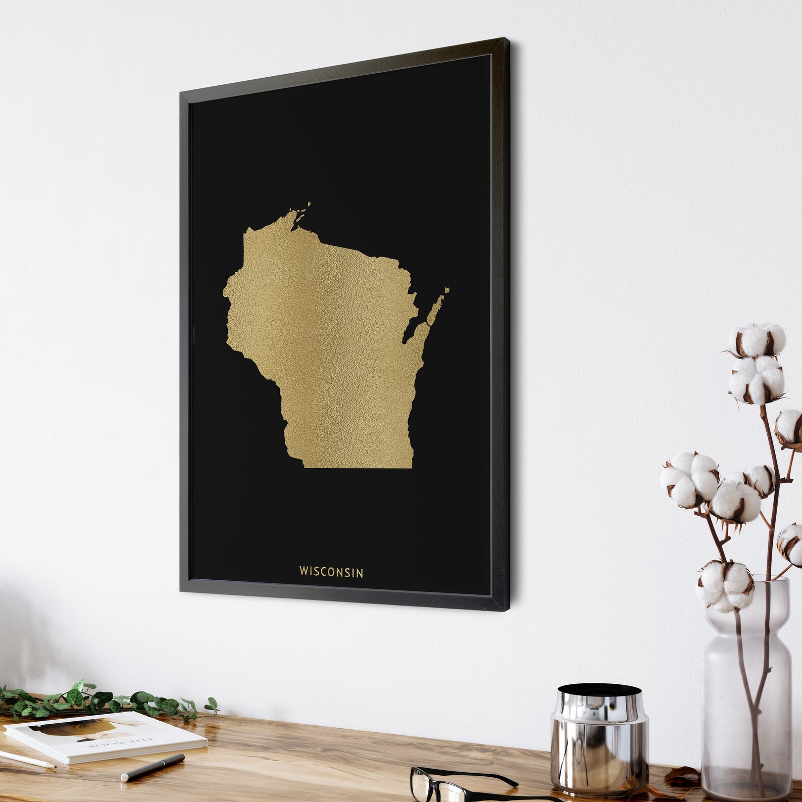 Wisconsin Map, Black, Gold Foil Texture, Wisconsin Wall Art, Wisconsin ...