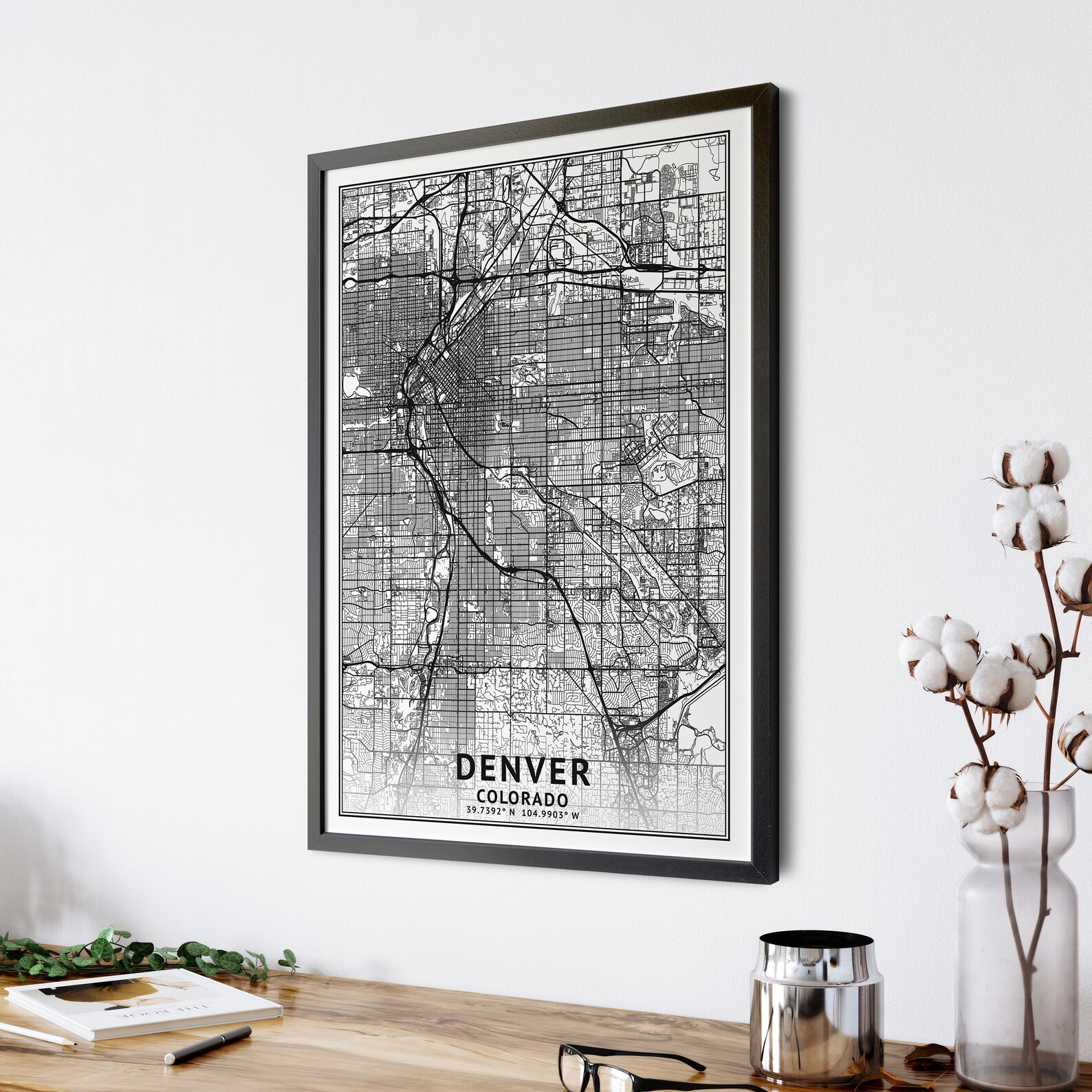 Denver Colorado Map, Black and White, Coordinates, Map of Denver ...
